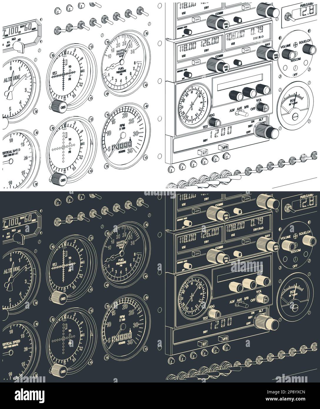 Stylized vector illustrations of an airplane control panel close up ...