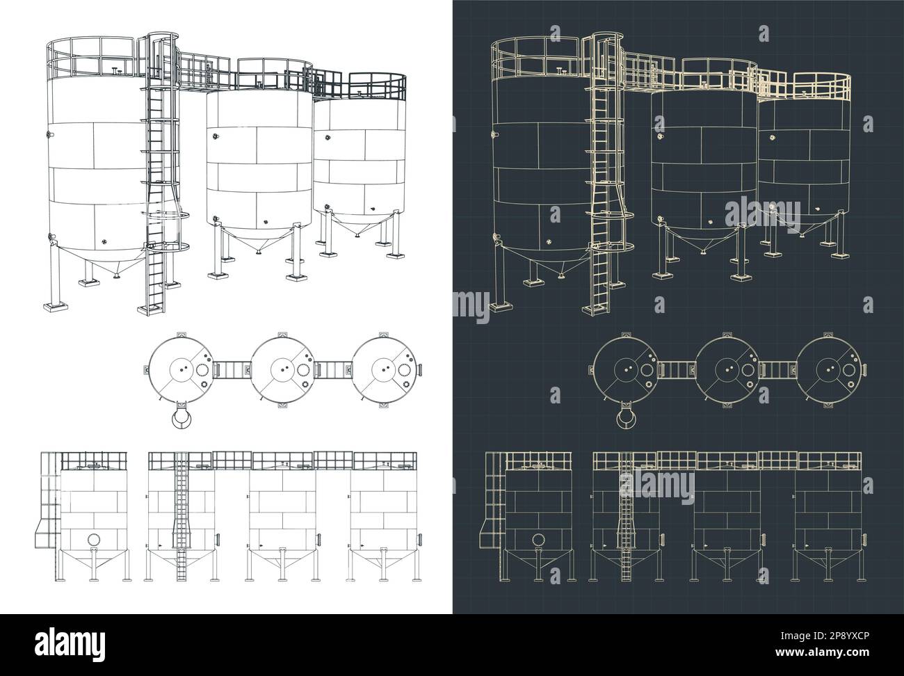 Stylized vector illustration of blueprints of big fermentation ...