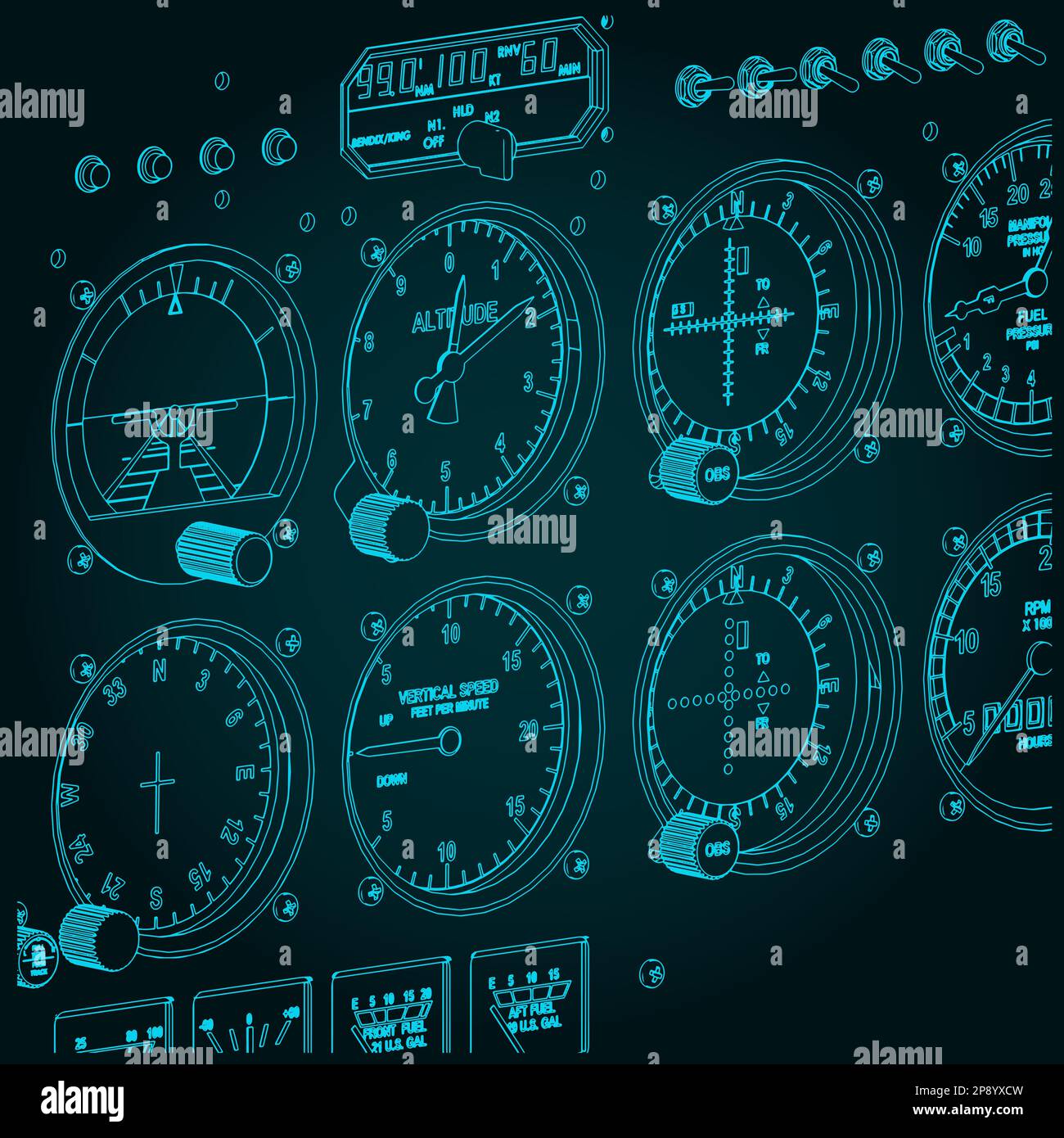 Stylized vector illustration of an airplane control panel close up ...