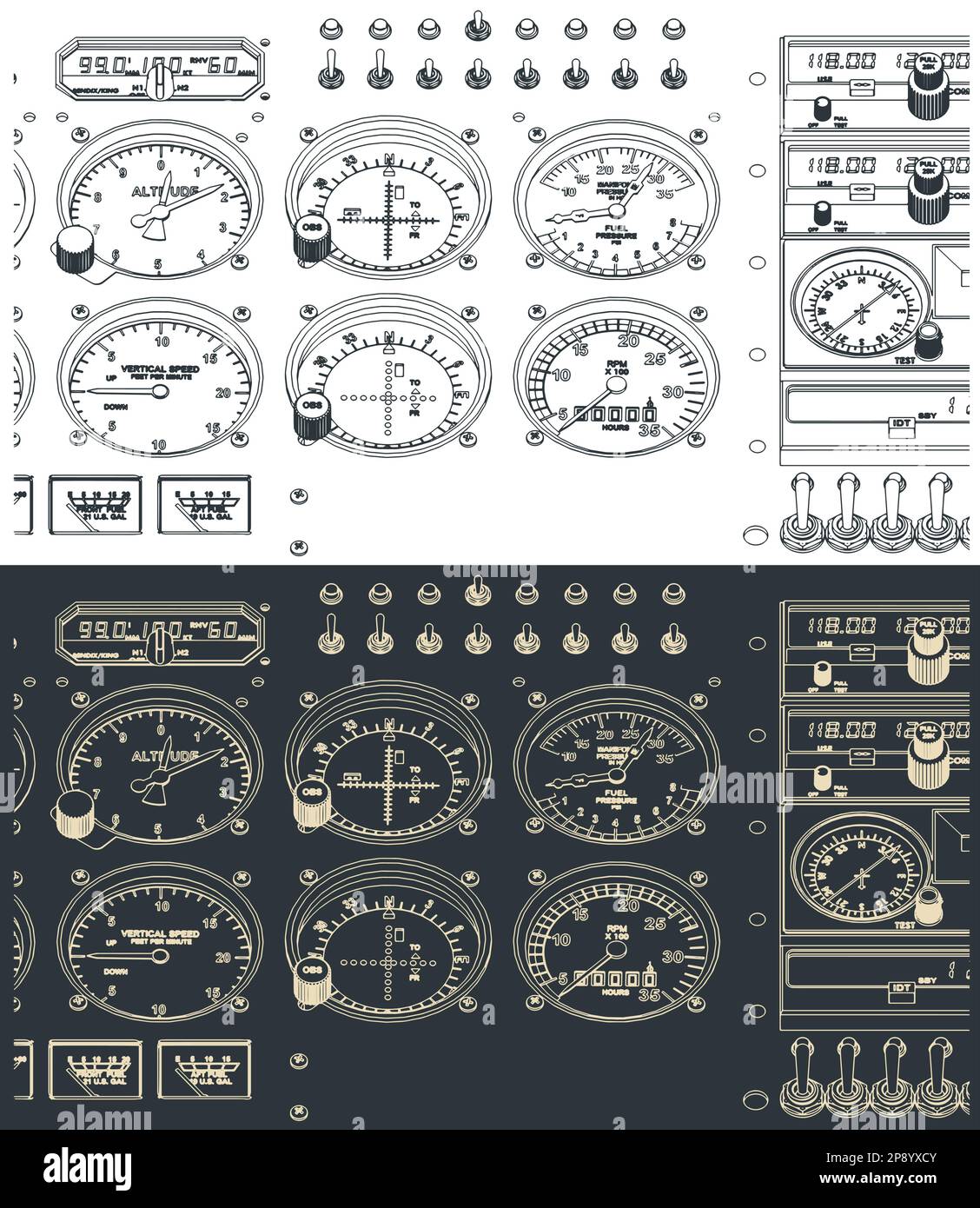 Stylized vector illustration of an airplane control dashboard close up ...