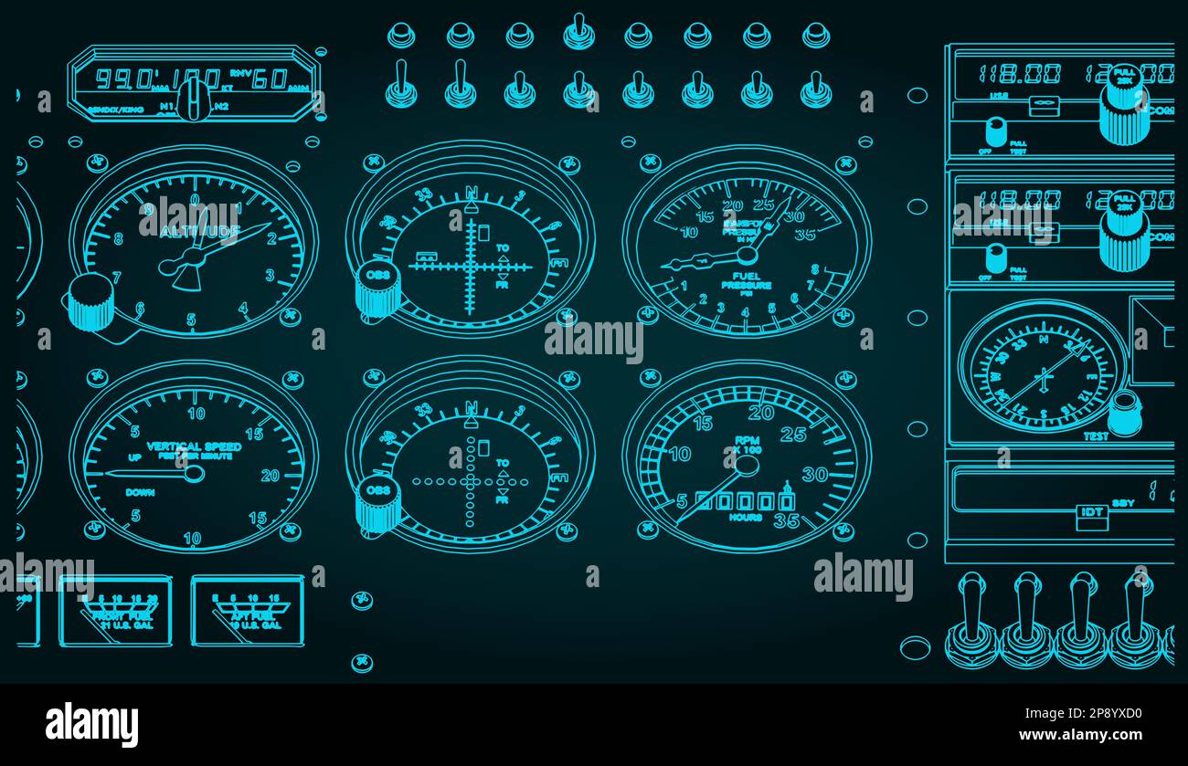 Stylized vector illustration of an airplane control panel close up ...