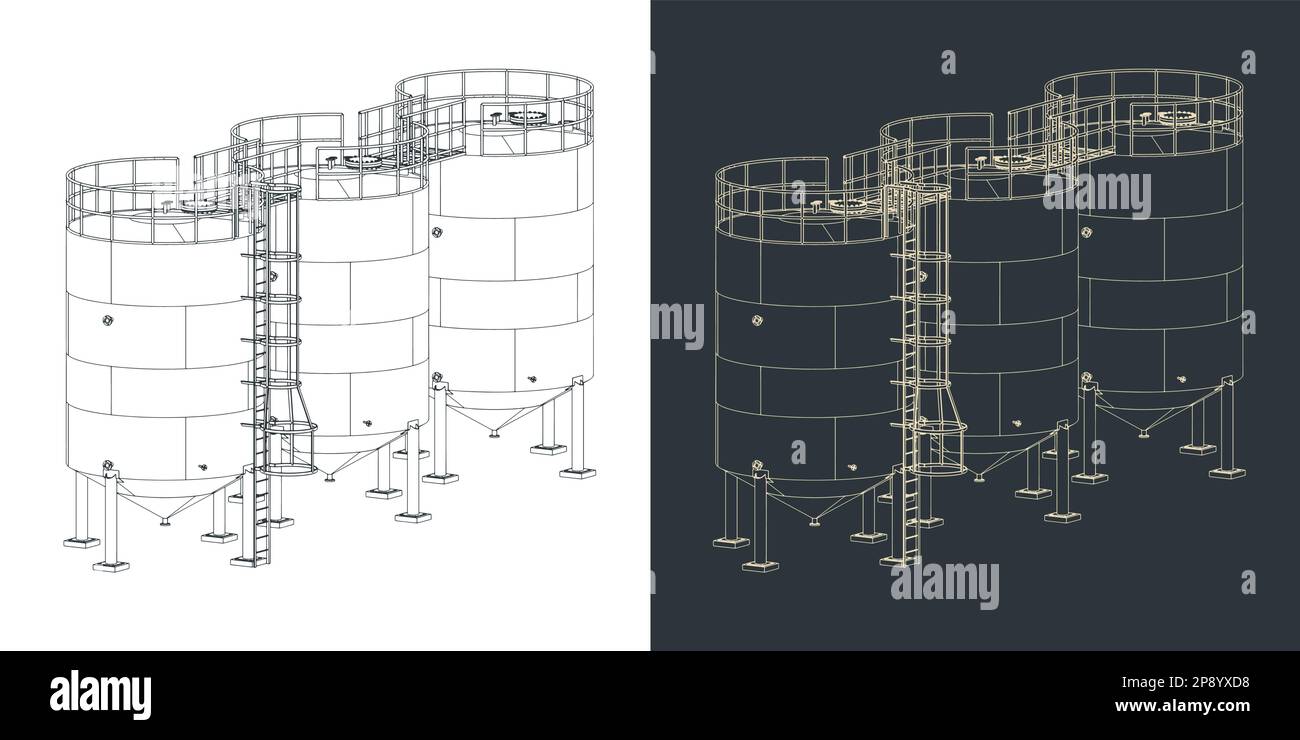 Stylized vector illustration of big fermentation stainless steel tanks ...