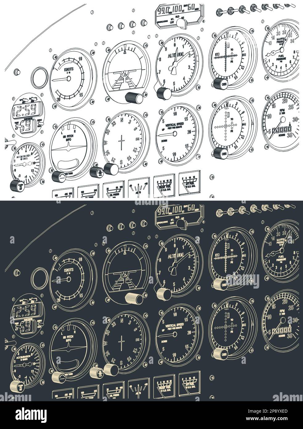 Stylized vector illustration of an airplane control panel close up ...
