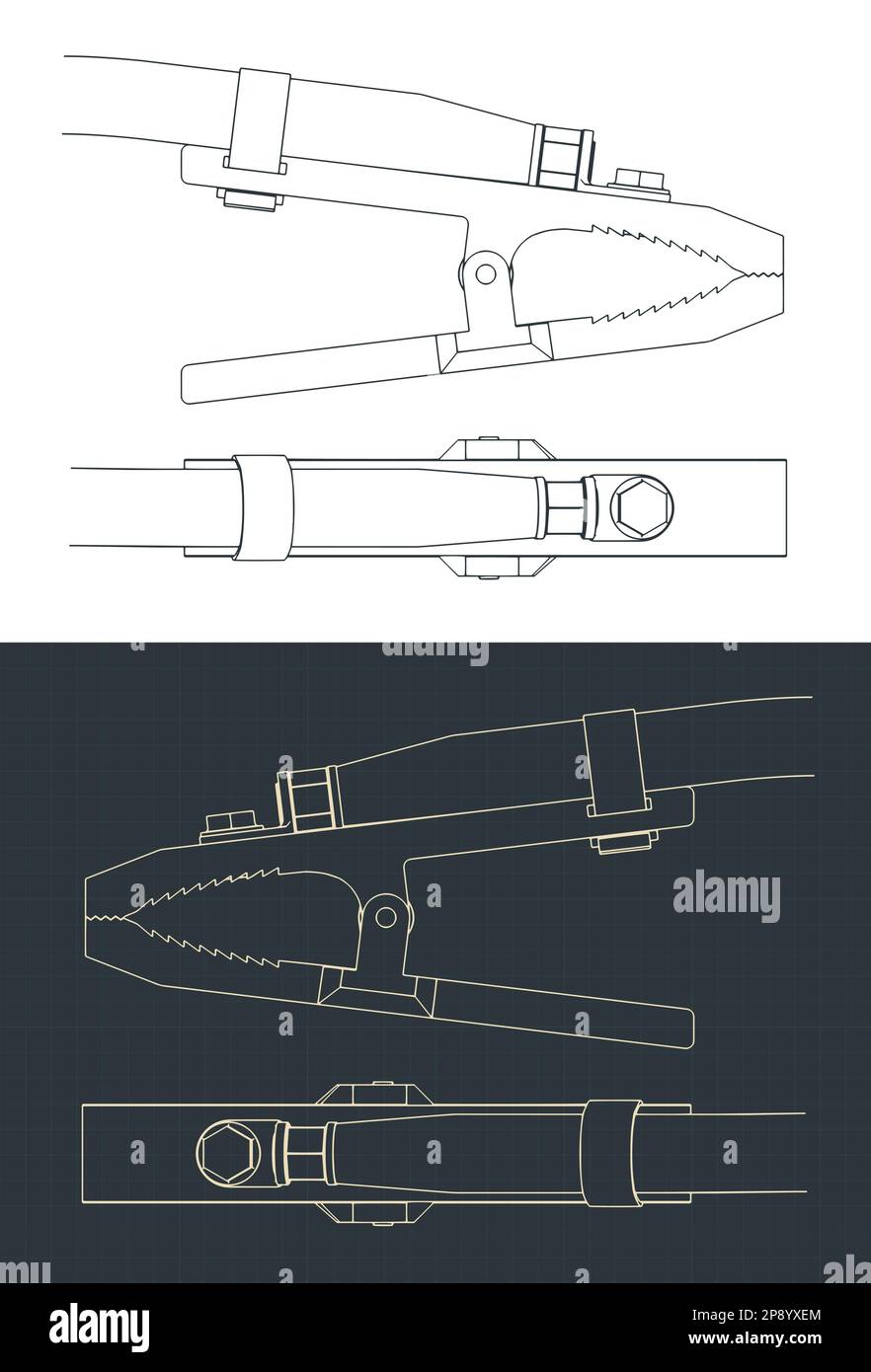 Stylized vector illustration of blueprints of welding earth clamp Stock ...
