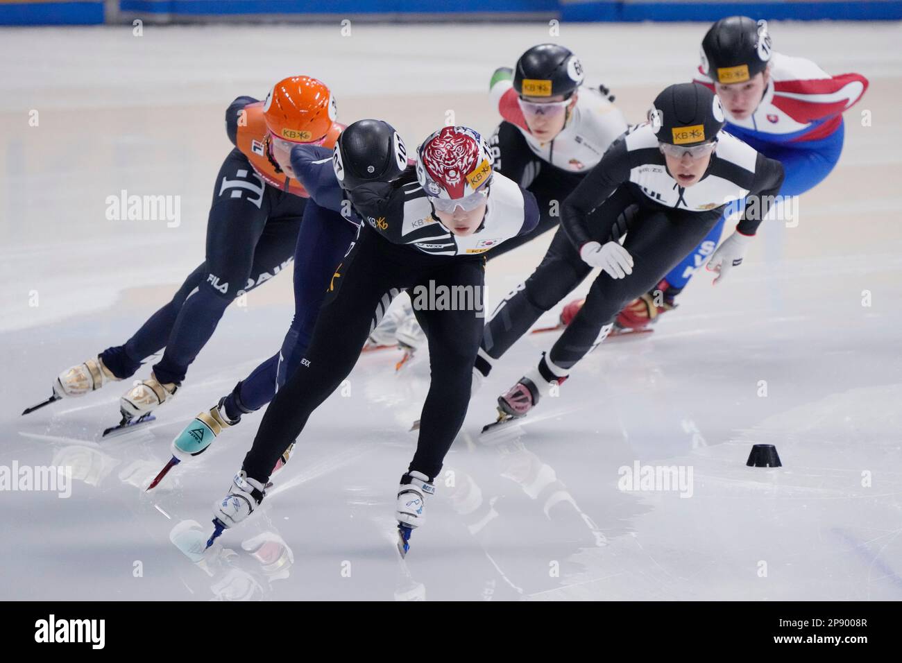 Kim Geon-hee, front, of South Korea skates during a quarterfinal of the ...