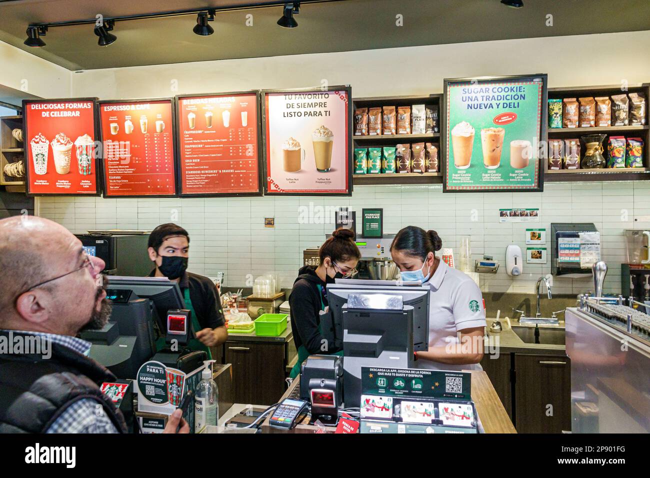 Mexico City,San Angel Starbucks Coffee coffeehouse cafe overhead menu,man men male,woman women ...