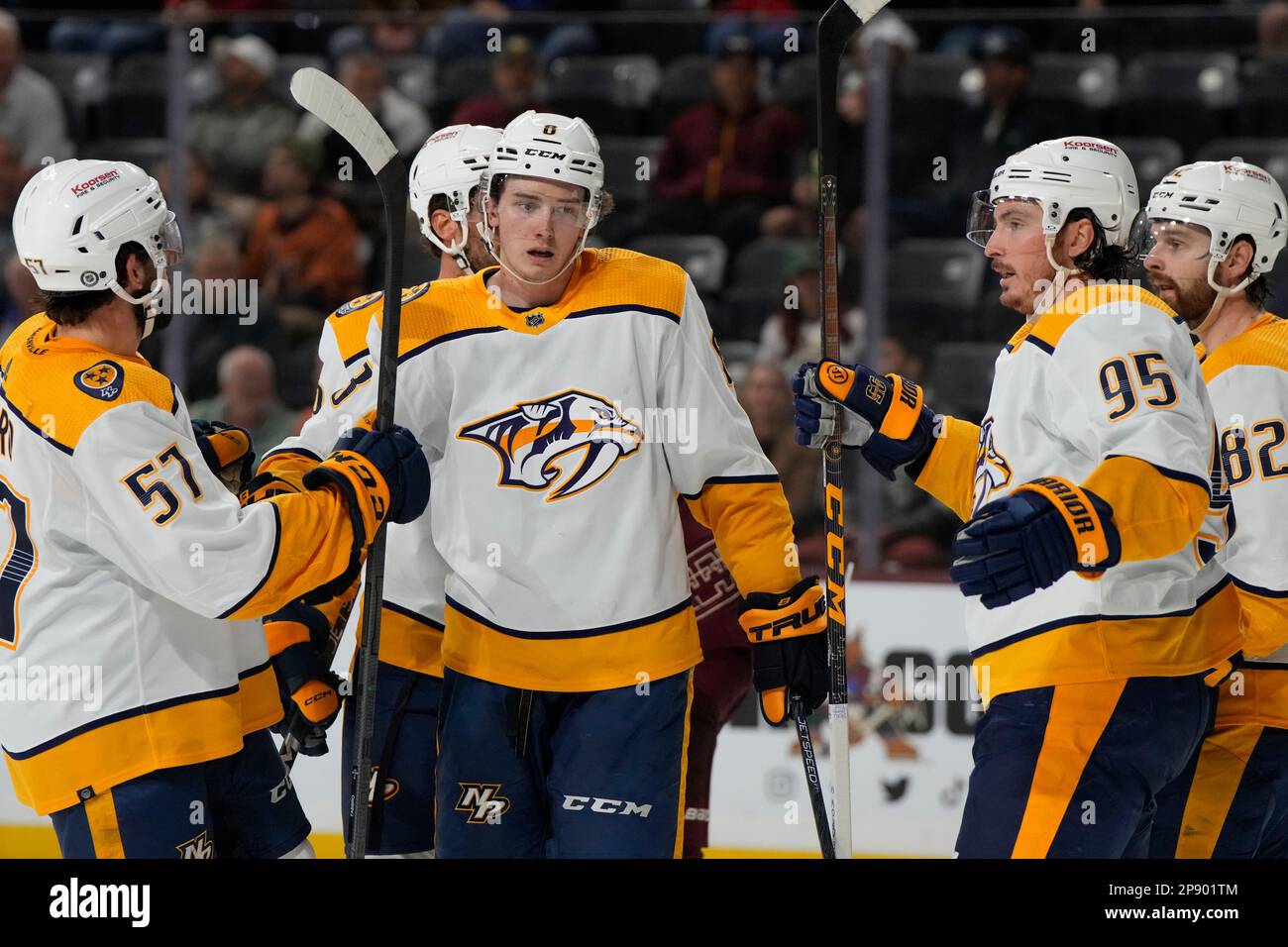 Nashville Predators center Cody Glass (8) celebrates his goal with ...