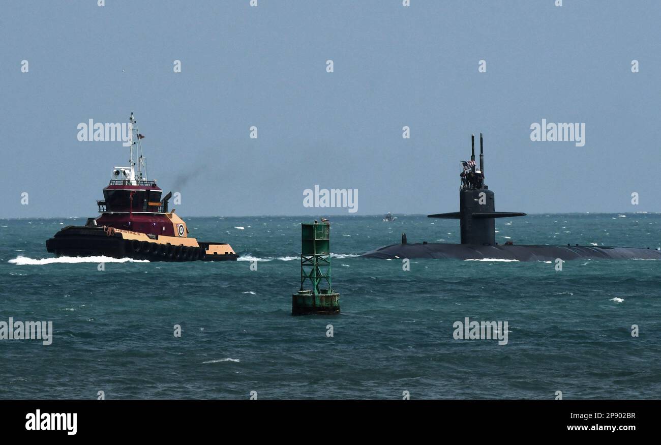 Port Canaveral, United States. 08th Mar, 2023. A tug guides a nuclear ...