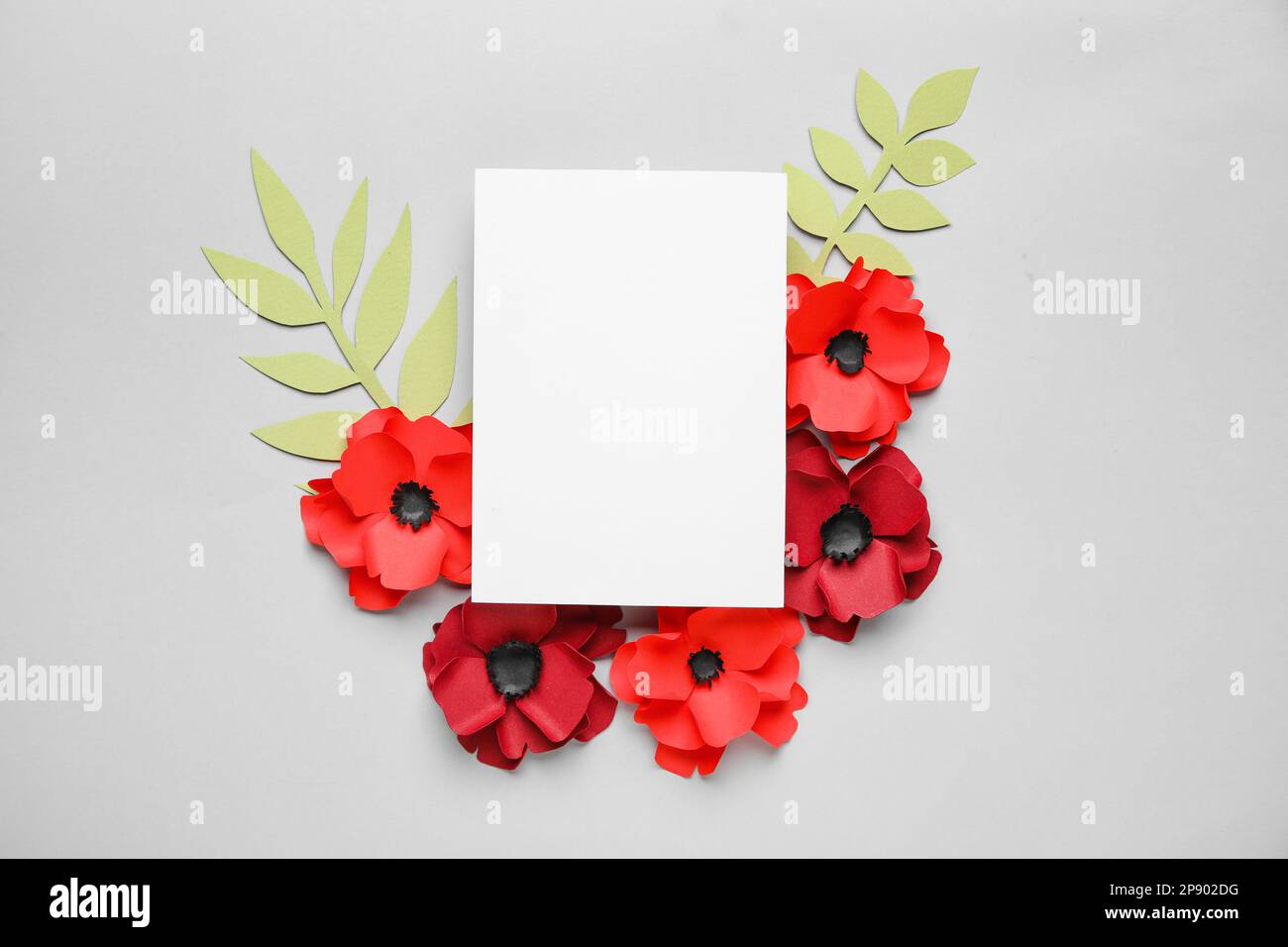 Blank paper sheet with poppy flowers and leaves on grey background ...
