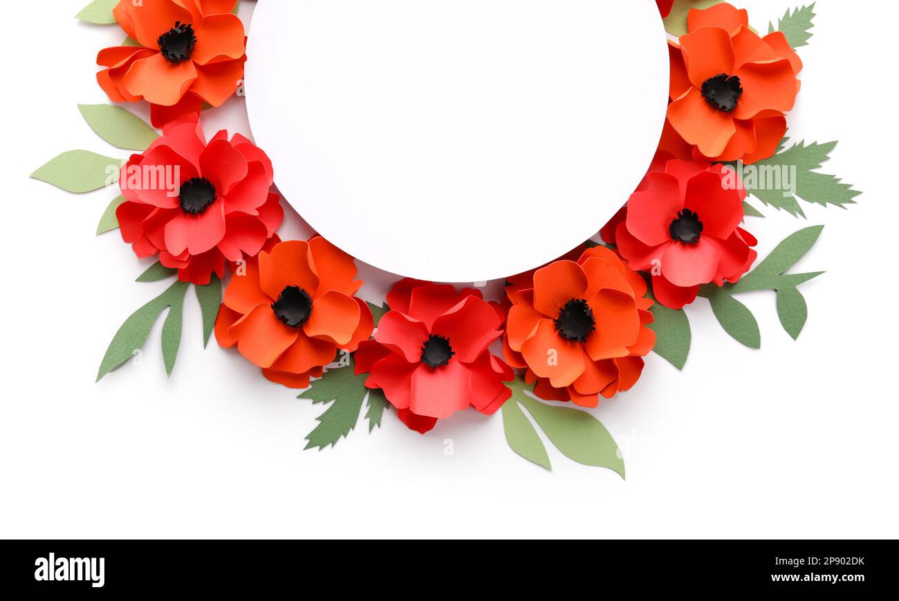 Blank paper sheet with poppy flowers and leaves on white background ...