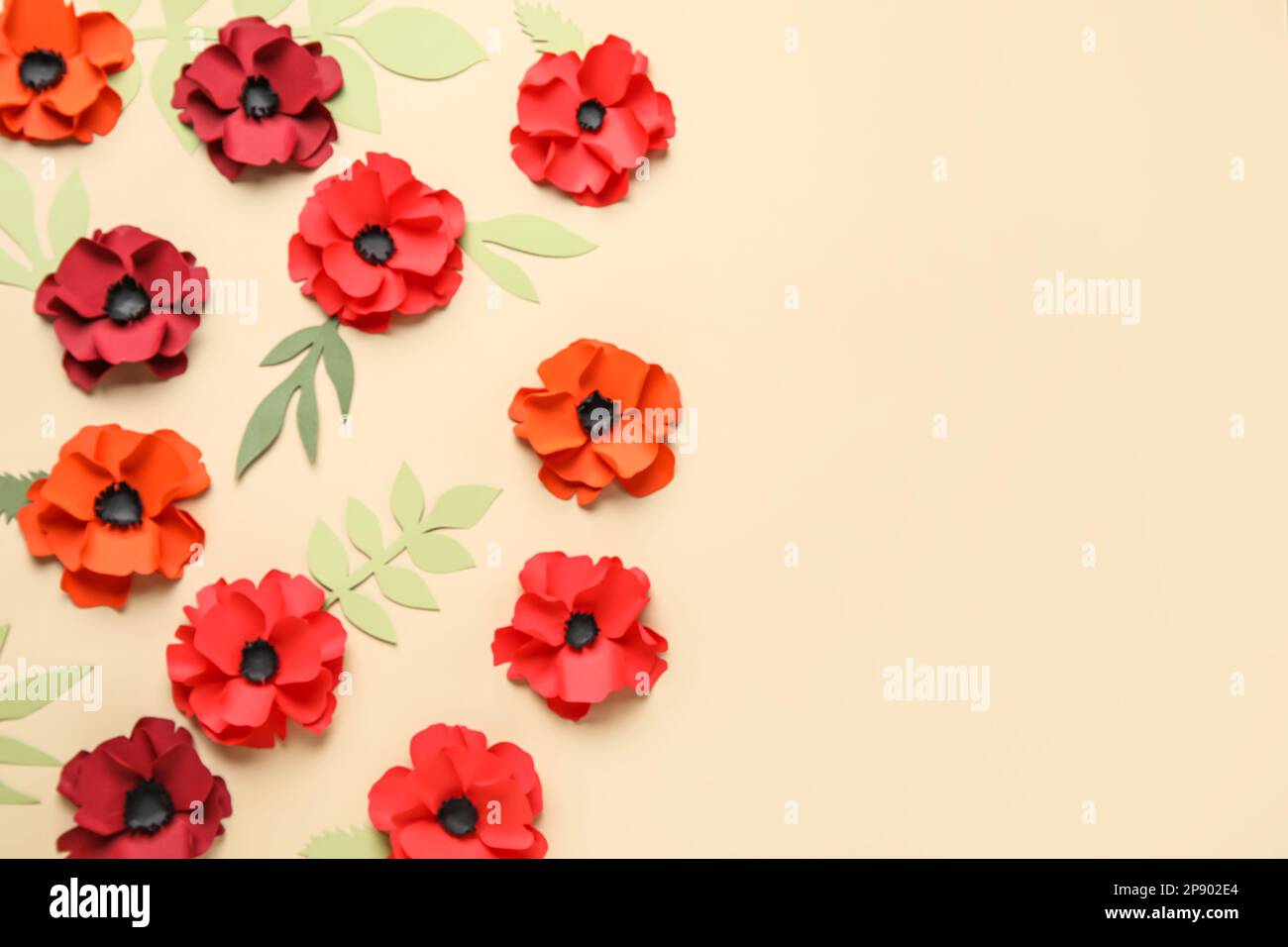 Paper poppy flowers with leaves on beige background Stock Photo - Alamy