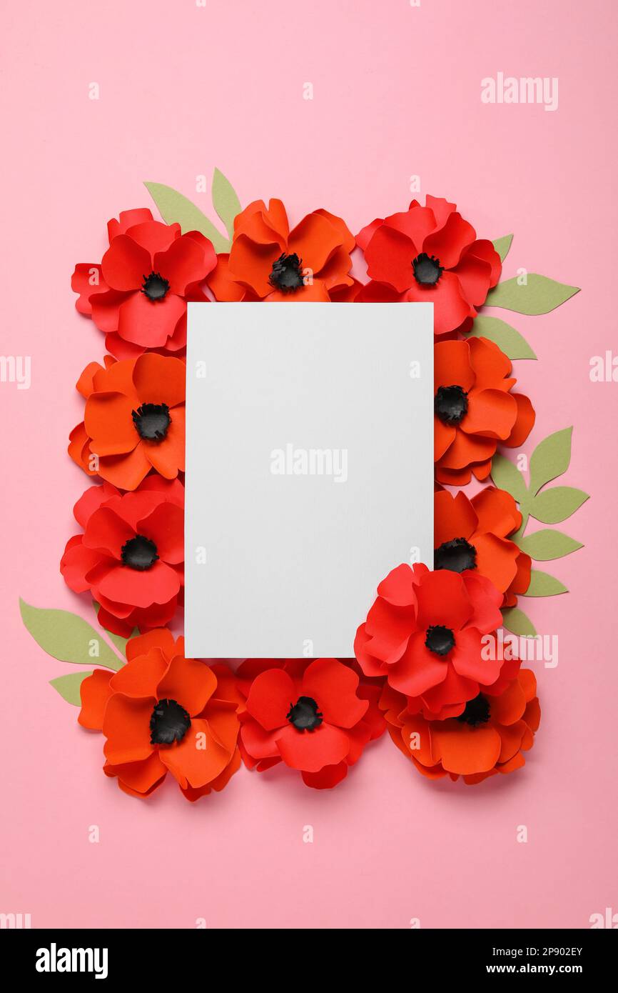 Blank paper sheet with poppy flowers and leaves on pink background ...