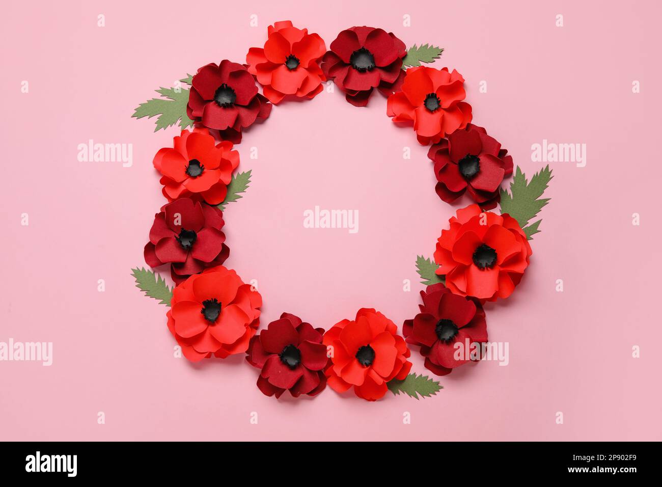 Frame made of paper poppy flowers with leaves on pink background Stock ...