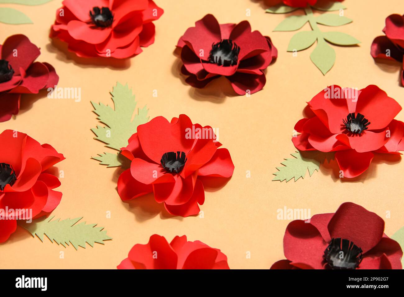 Paper poppy flowers with leaves on beige background Stock Photo - Alamy