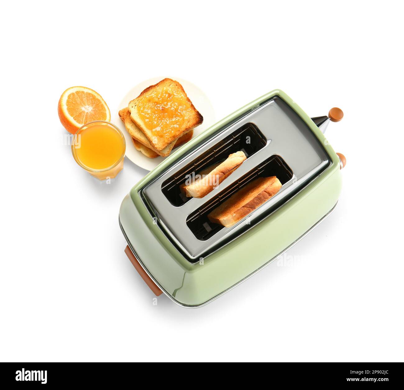 Bread slices in modern toaster, glass of juice, tasty toasts with jam and orange isolated on ...