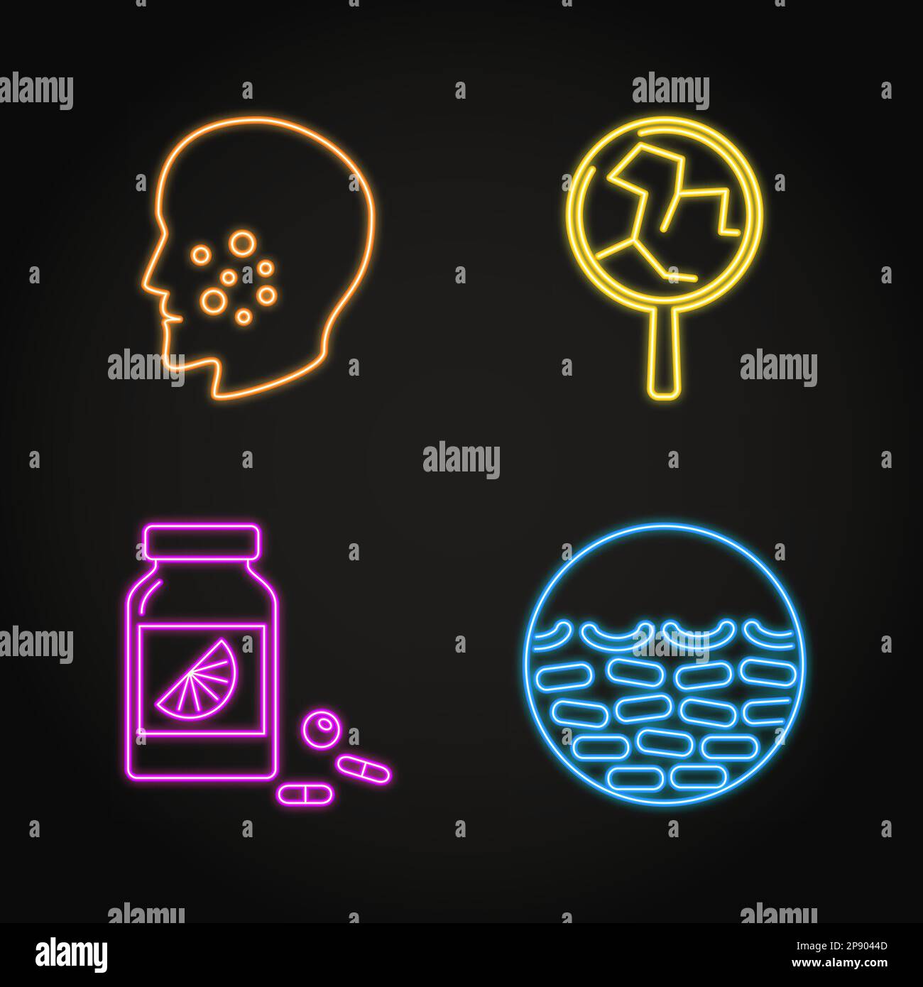 Skin problems concept neon icon set. Facial rash, dry and cracked skin ...