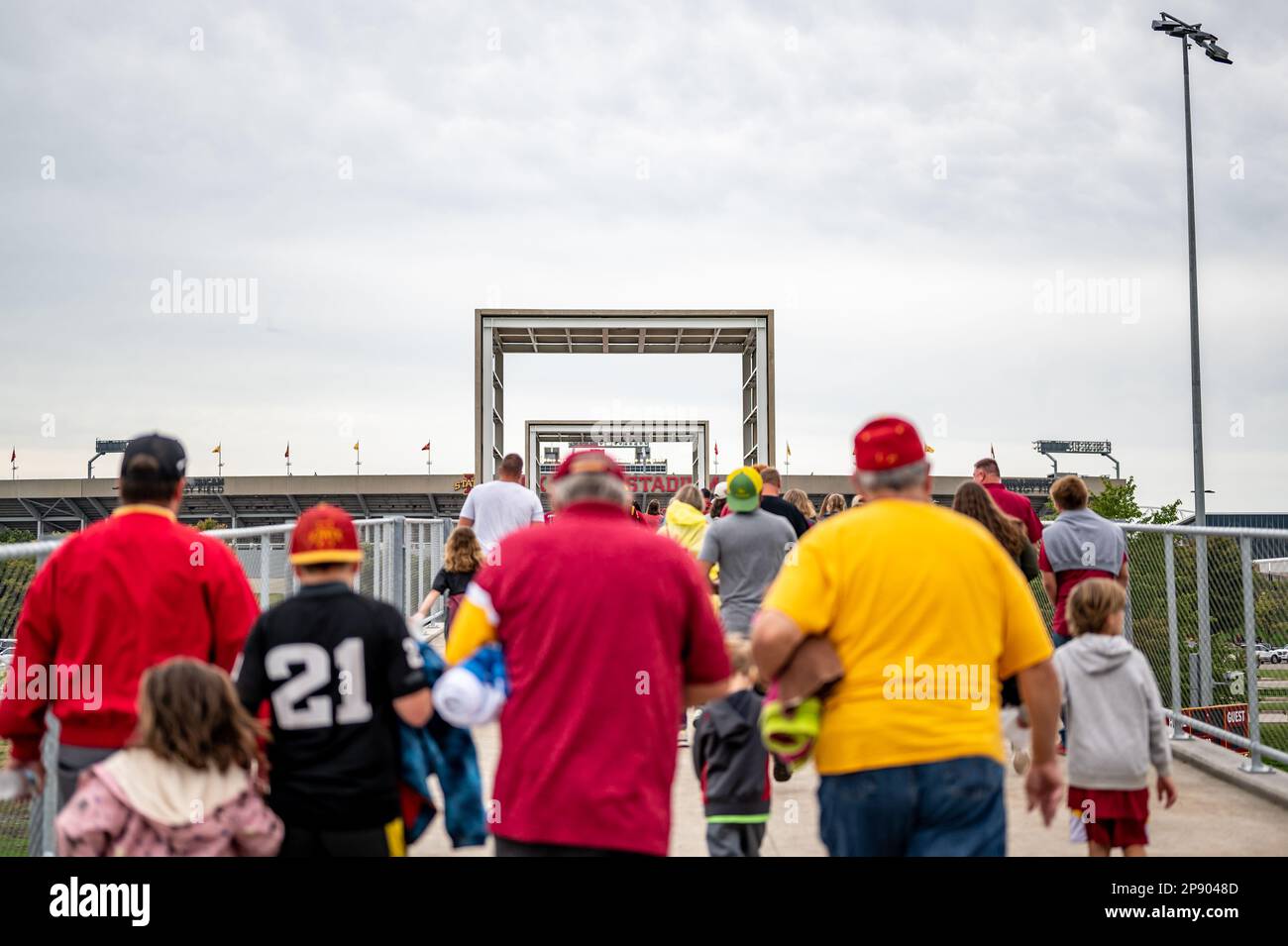 Ames, Iowa, USA - 9.2022 - Fans walking across the Lincoln Way elevated ...