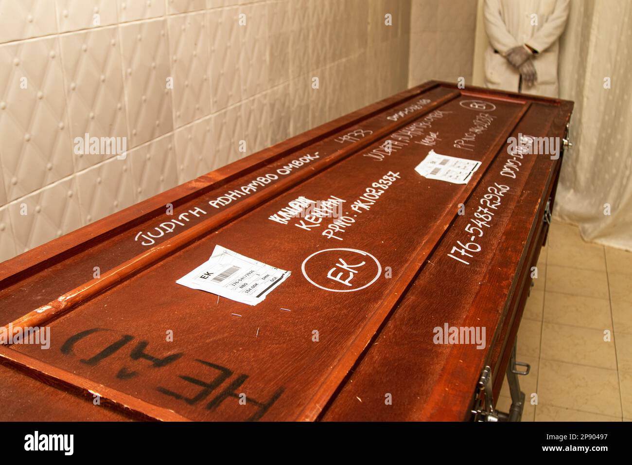 The casket containing the body of Judith Adhiambo is seen inside the ...