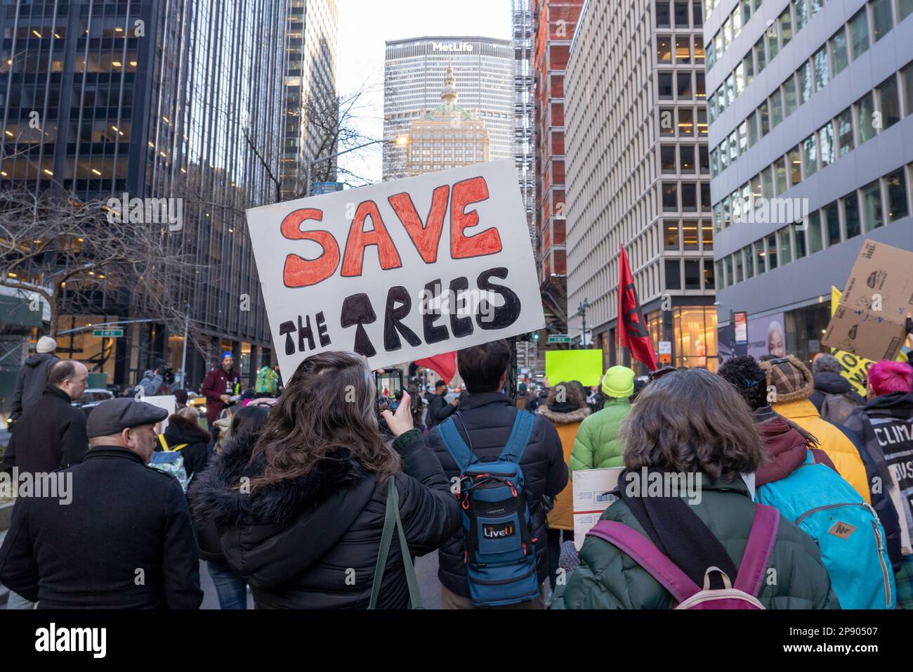 NEW YORK, NEW YORK - MARCH 09: Protesters holding sign, banners and ...