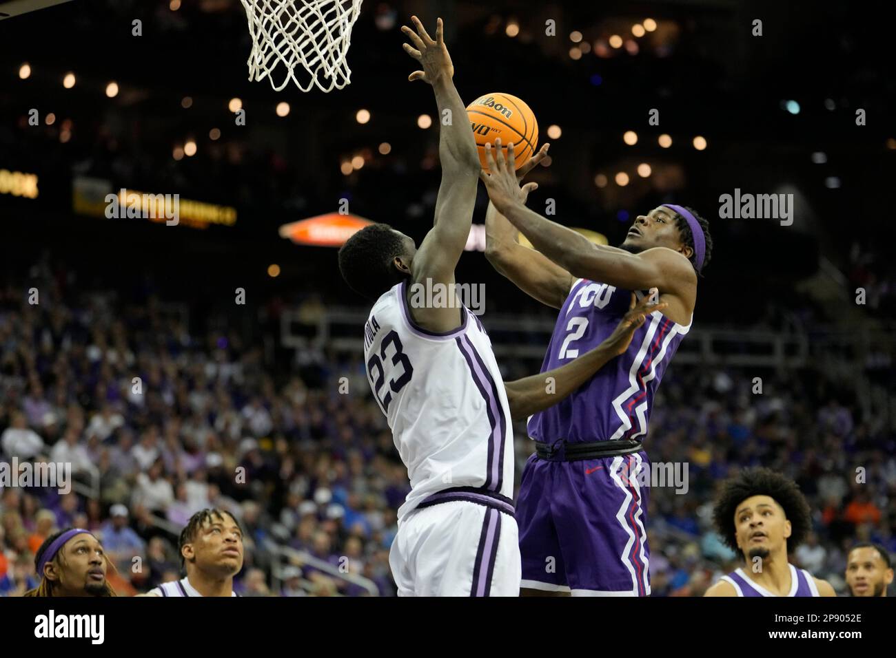 MAR 09 2023: TCU forward Emanuel Miller (2) scores against Kansas State ...