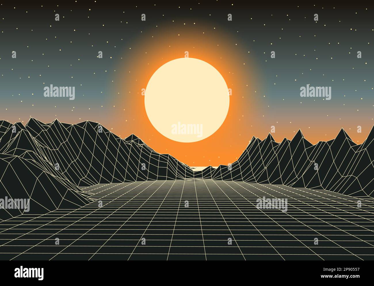 Retro futuristic landscape with mountains and sun in deep space. 80s ...