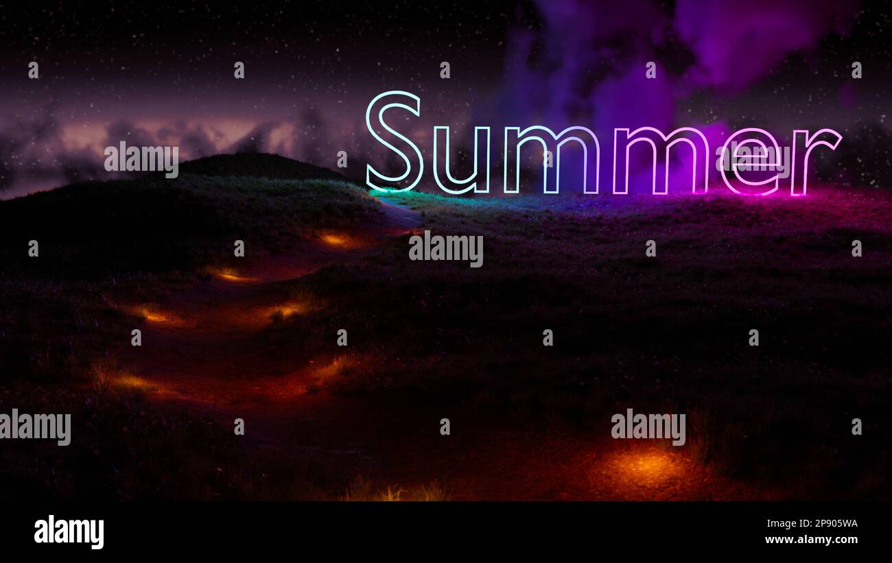Summer night landscape with neon lights for clubbing and partying 3d ...