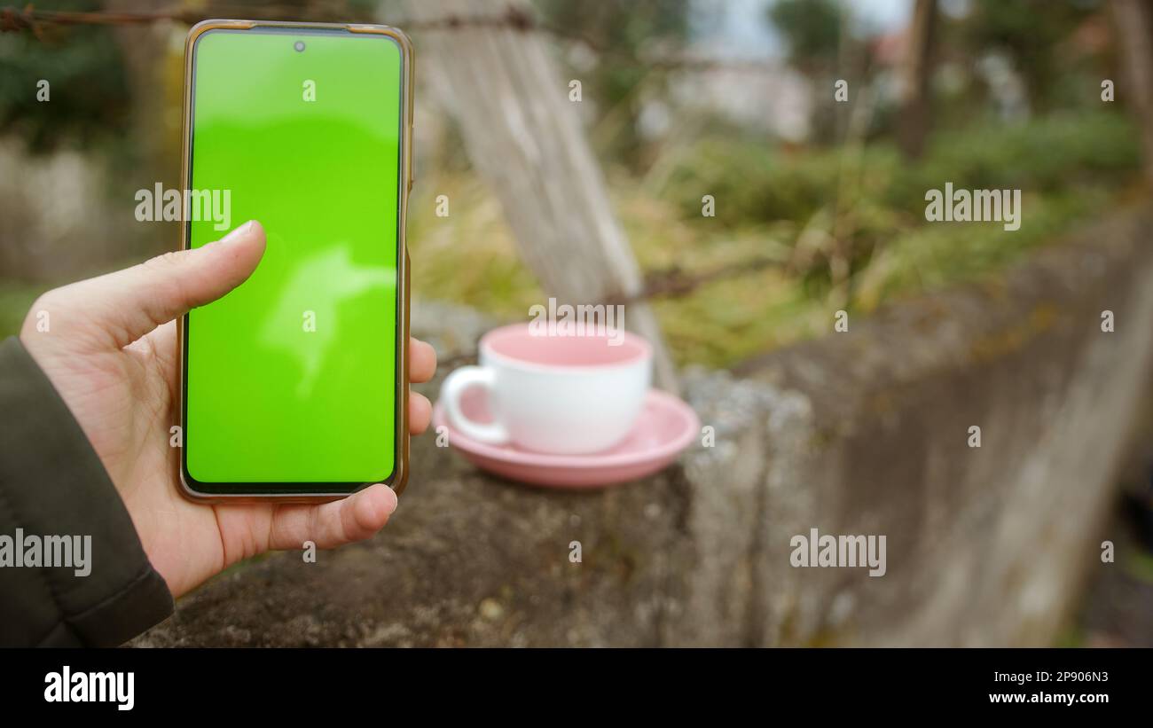 Green Screen Smartphone: Enjoying Coffee and Tea While Using Apps Stock ...