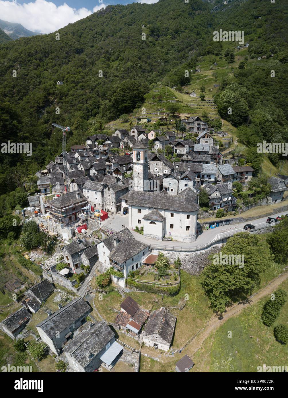 Aerial image with drone of the mountain village Corippo - the smallest ...