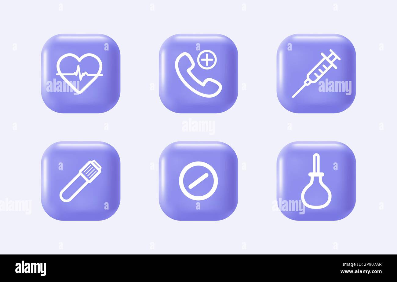 3d medical equipment icons on realistic violet buttons. Healthcare ...