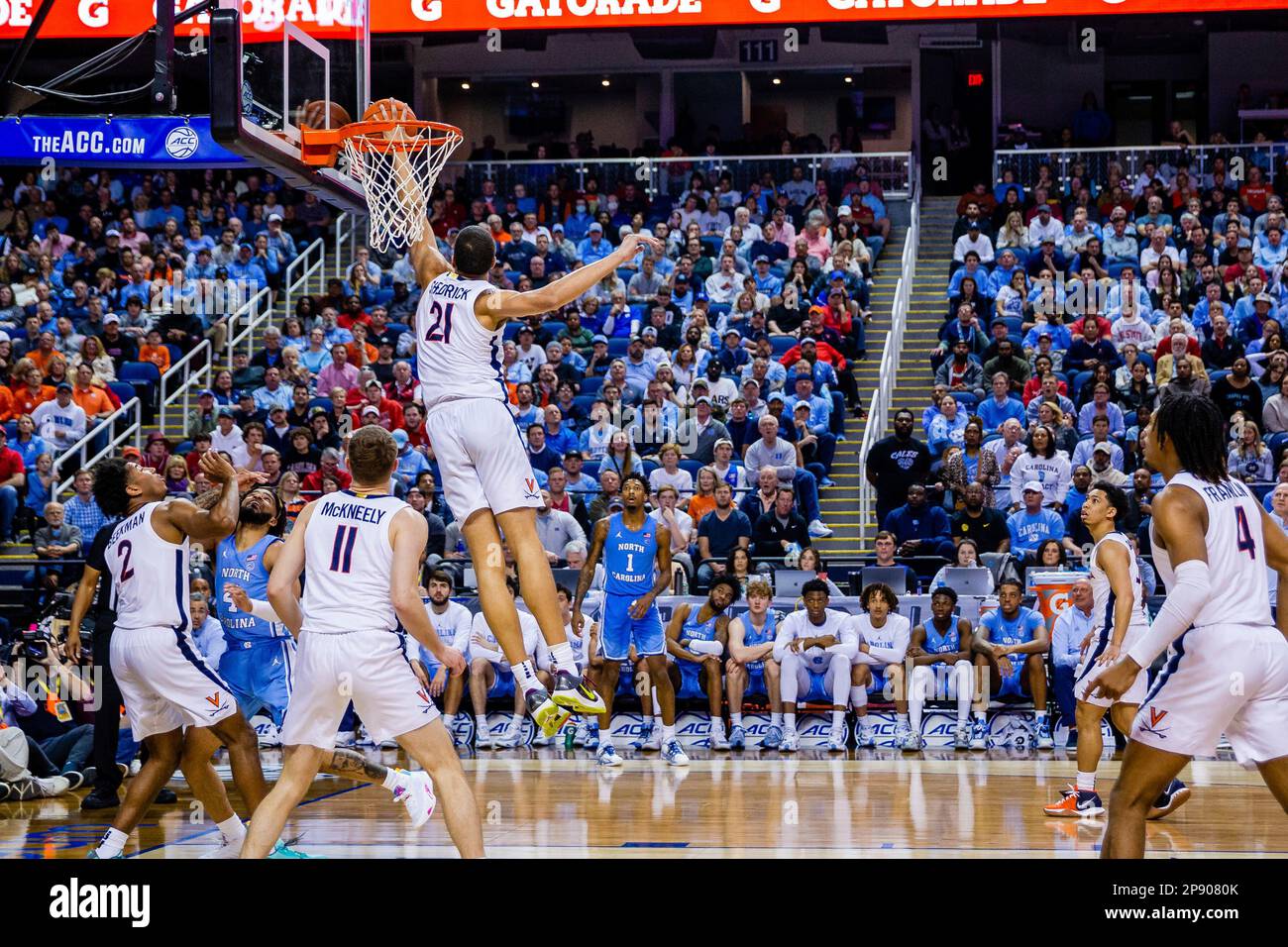 March 9, 2023: Virginia Cavaliers forward Kadin Shedrick (21) blocks ...