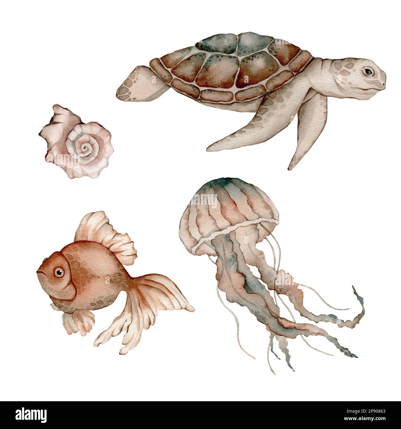 Set of sea animals poster. Blue, greeen, brown watercolor ocean ...