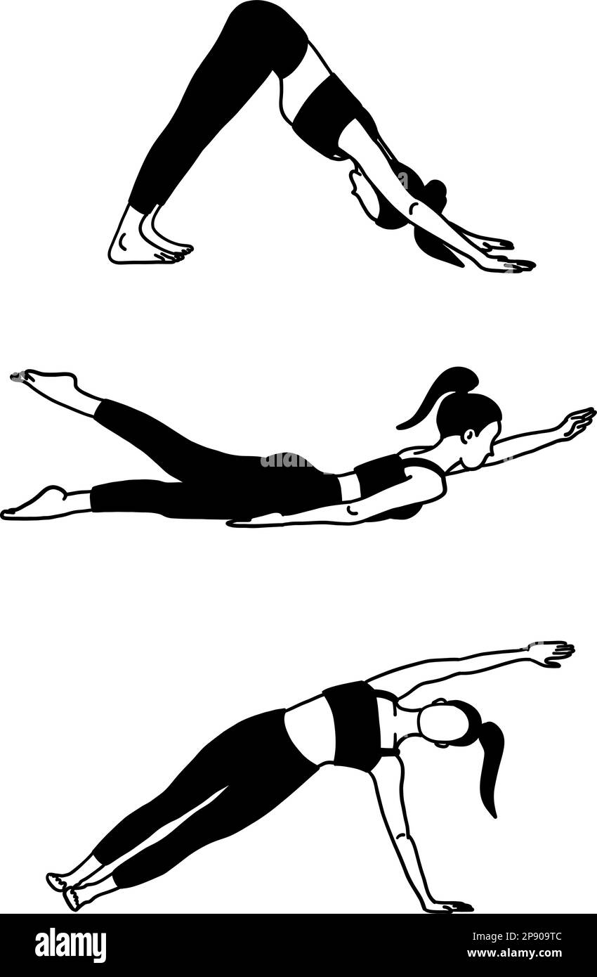 Flexibility yoga poses collection. Black and white. Female, lady, woman ...