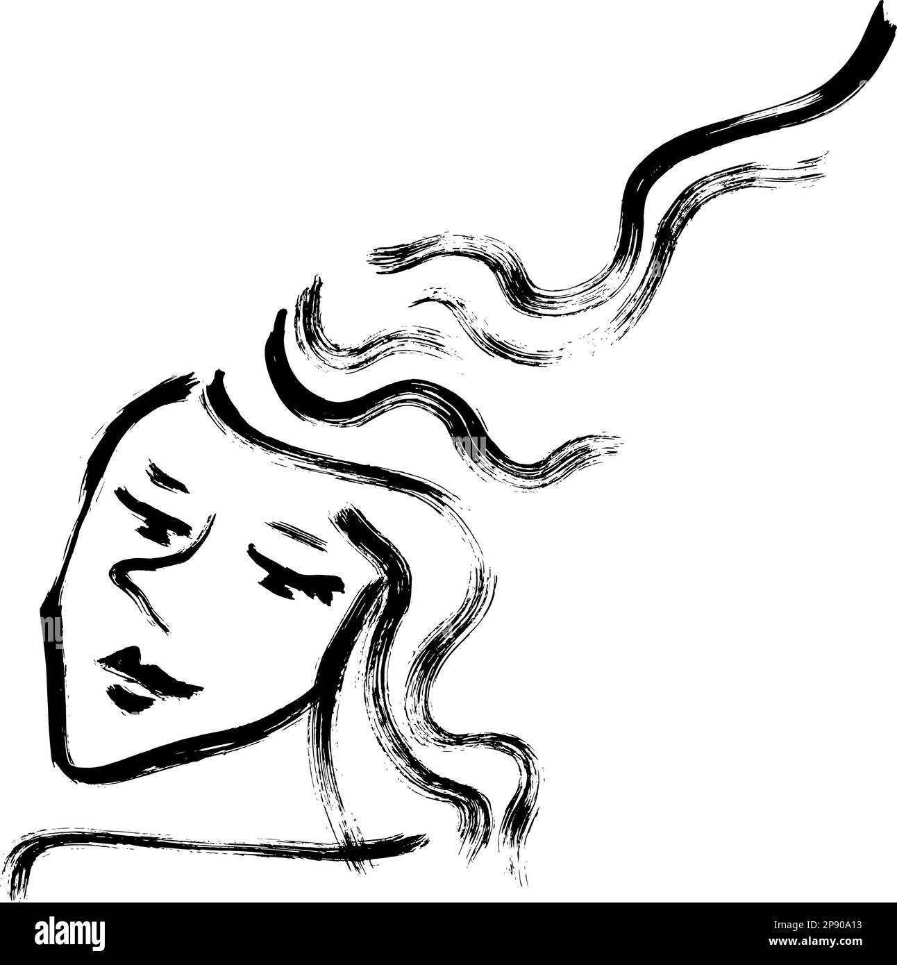 Abstract Girl with Long Hair Rough Dry Brush Portrait Stock Vector ...