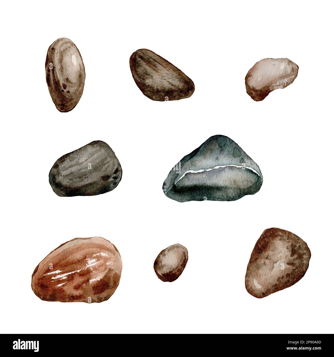 Collection of thirty watercolor stones, illustration. Watercolor sea ...