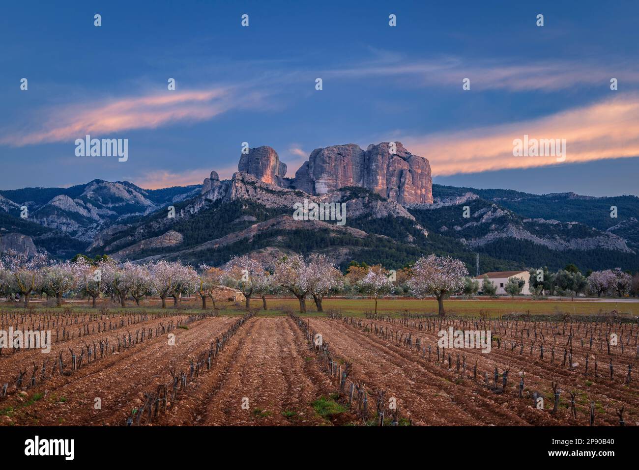 Spring sunset at the Roques de Benet rocks, in Els Ports Natural Park ...