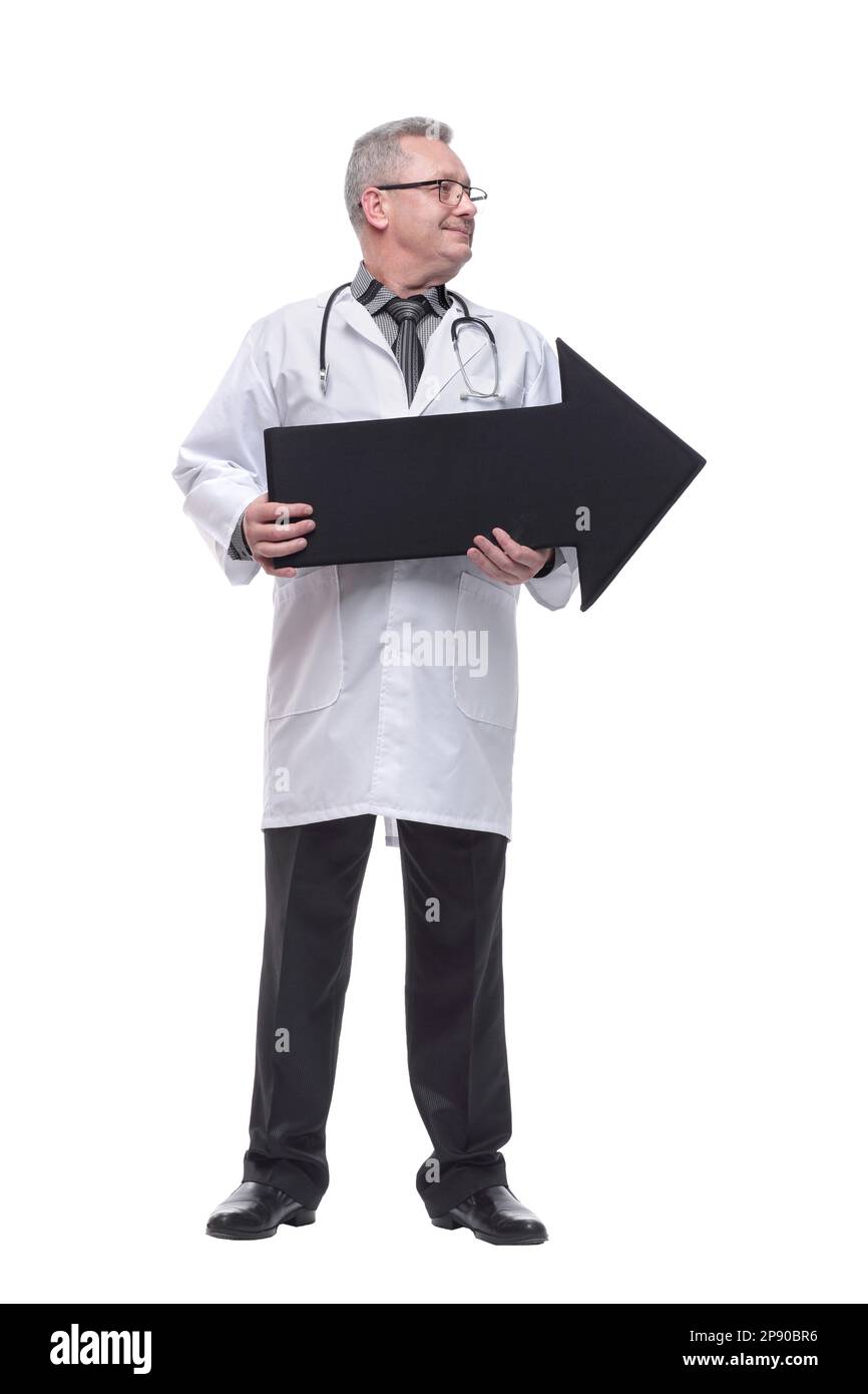 Mature doctor holding a black arrow pointing right Stock Photo - Alamy