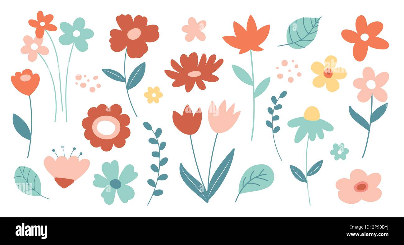 Spring flowers set. Floral and leaves elements collection Stock Vector ...
