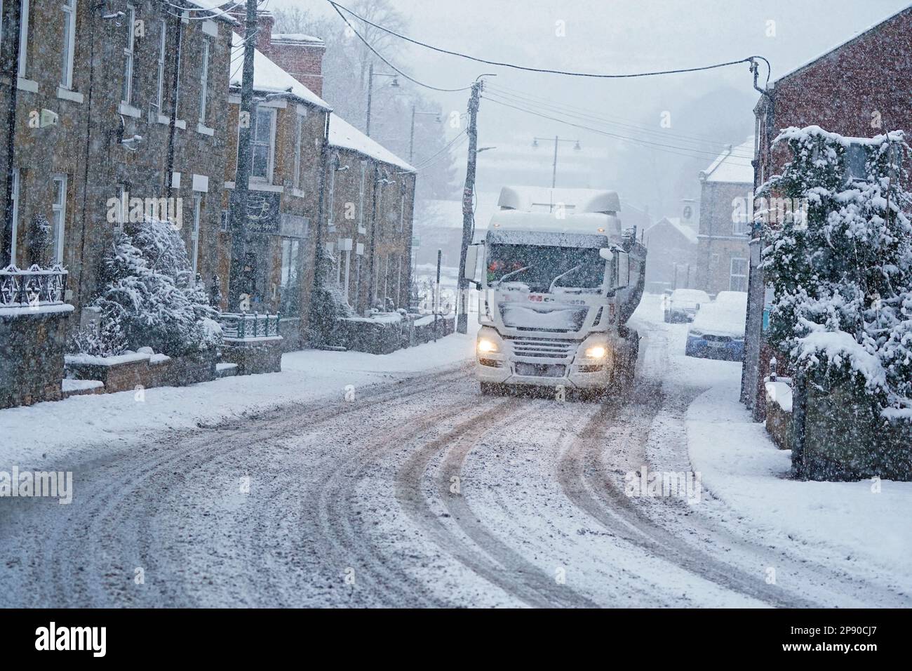 A lorry drives through heavy snow fall in Lanchester, County Durham ...