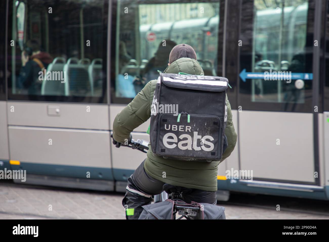 Bordeaux , Aquitaine France - 03 05 2023 : Uber eats bike delivery man bike with text sign and ...