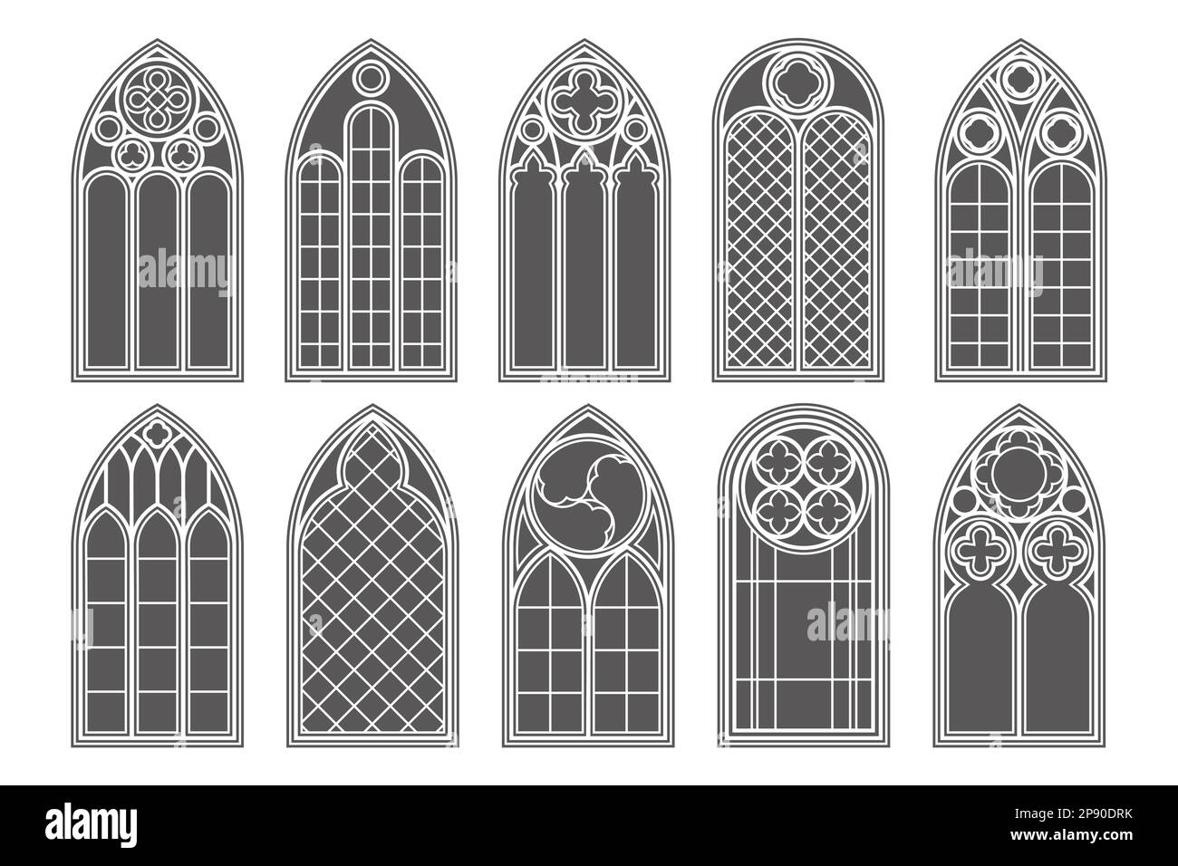 Gothic church windows. Vector architecture arches with glass. Old ...