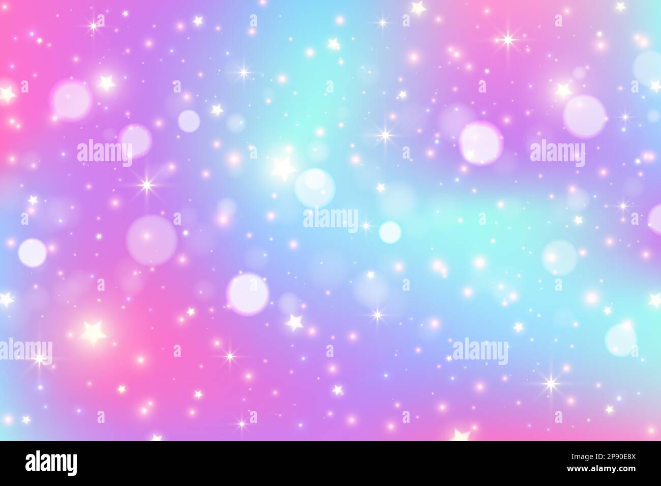 Pink sky with stars and bokeh. Kawaii fantasy background. Magic glitter space with iridescent ...