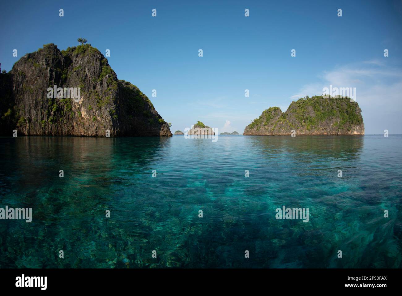 Limestone pinnacle islands with coral in foreground, Raja Ampat, West ...