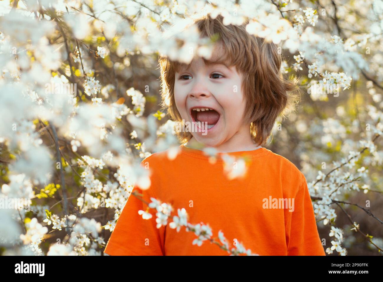 Spring happy kid with blooming tree. Summer park garden concept ...