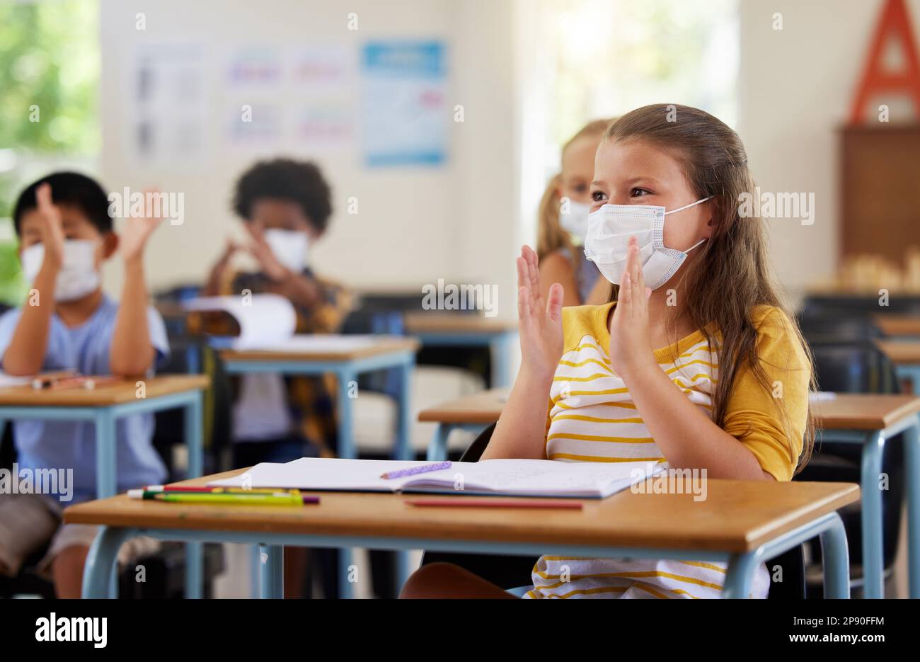 Safety, compliance and education in classroom at school with students ...