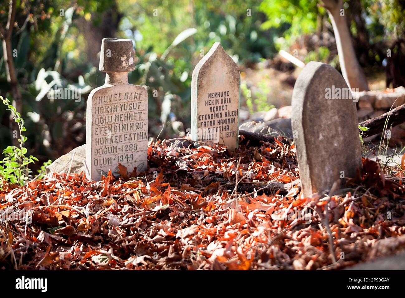 Alania, Turkey-circa Oct, 2020: Ancient stone tombstones in an ...