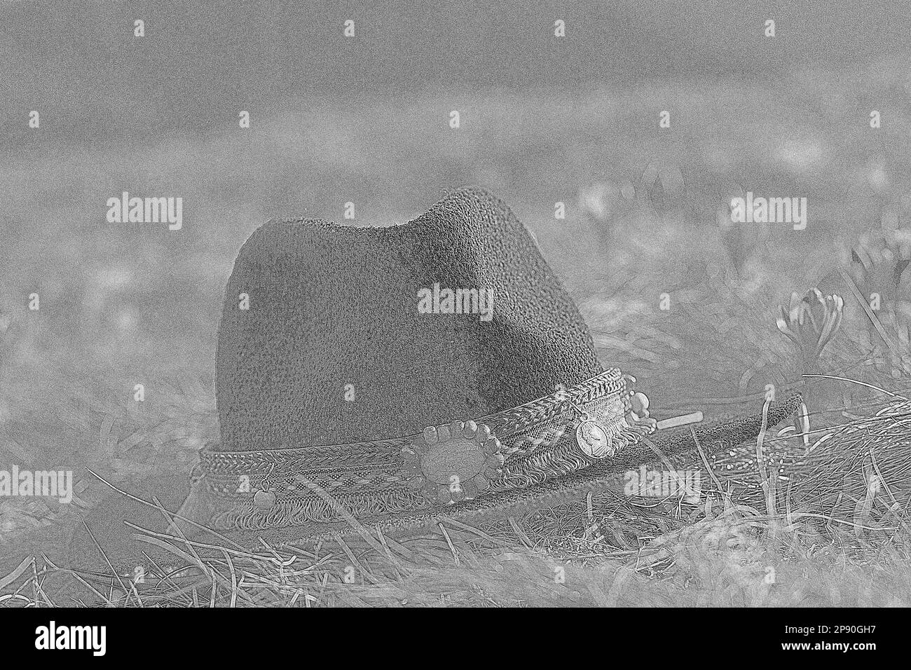 Knit fedora hat on early flowers grass meadow engraving hand drawn ...