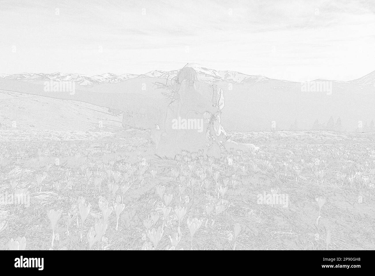 Woman hiker with backpack and dog engraving hand drawn sketch. Photo ...