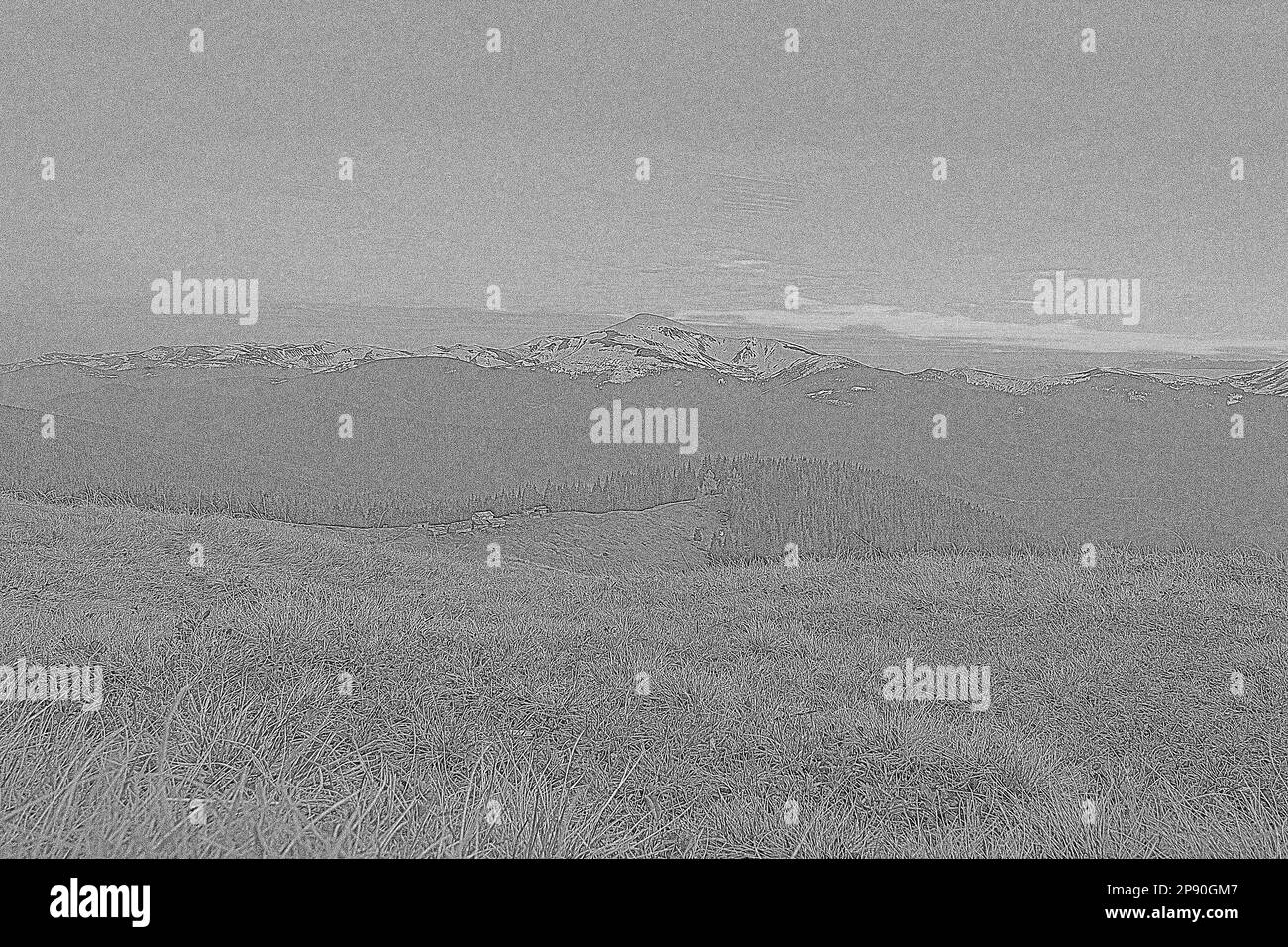 Sunset sky behind snowy mountain summit engraving hand drawn sketch ...
