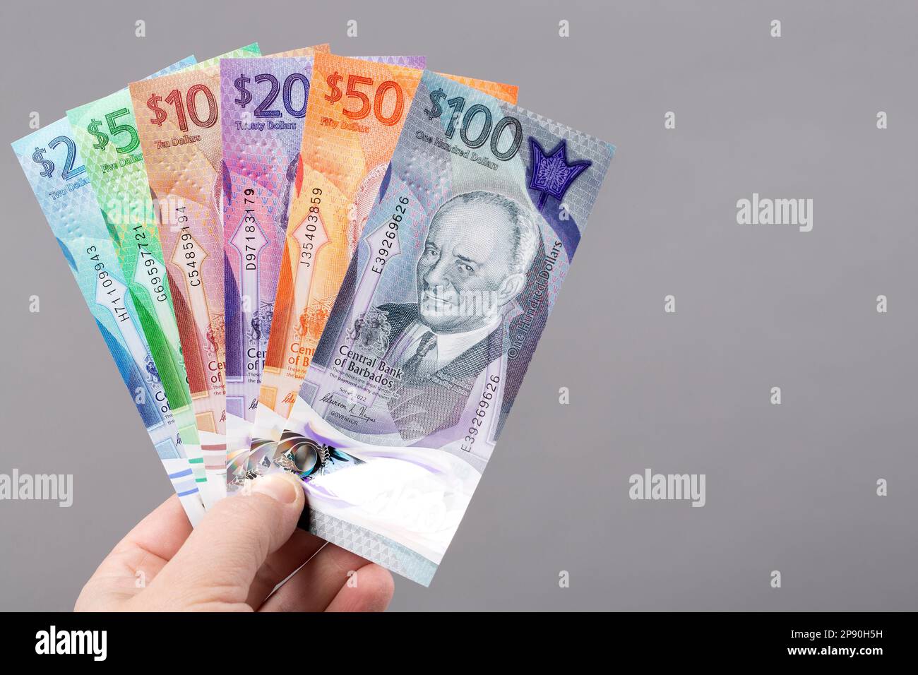 Barbados money - new series of banknotes on a gray background Stock ...