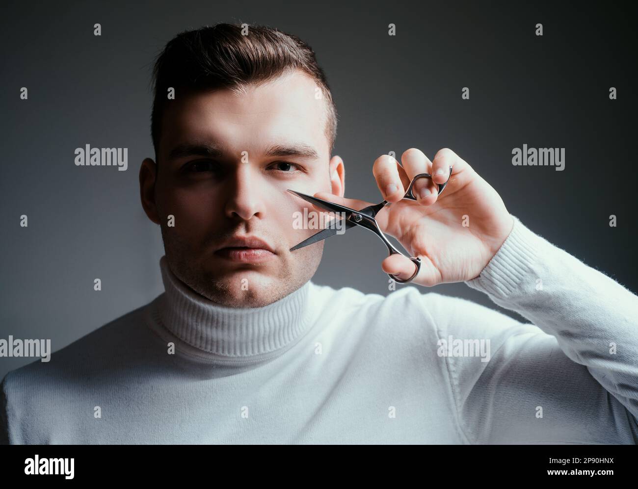 Macho confident barber cut hair. Barbershop service concept ...